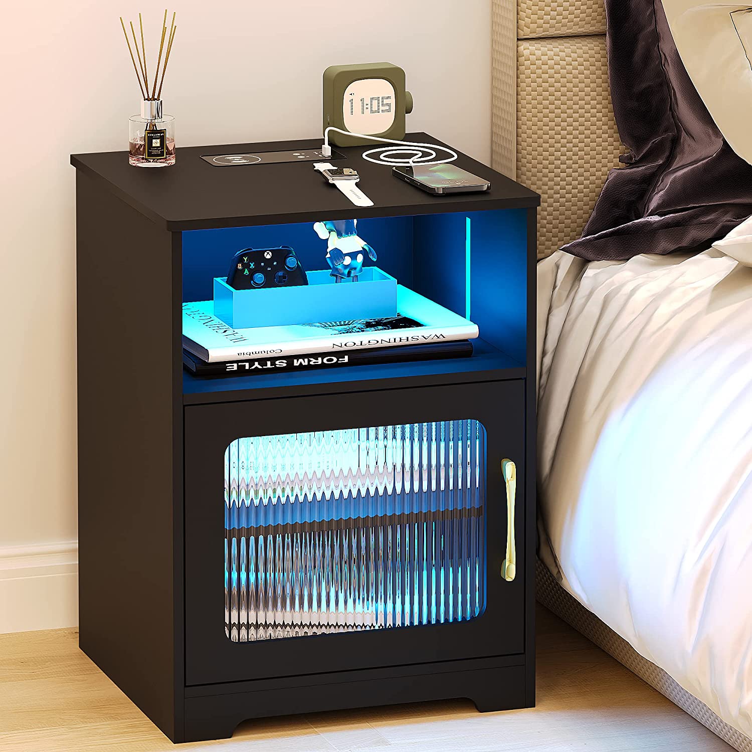 LED Nightstand with Wireless/USB/Type-C Charging Station Side Table for ...
