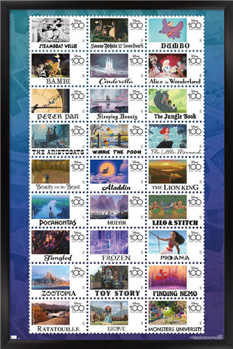 Disney 100th Anniversary - Stamp Grid Wall Poster, 22.375" x 34" Framed ...
