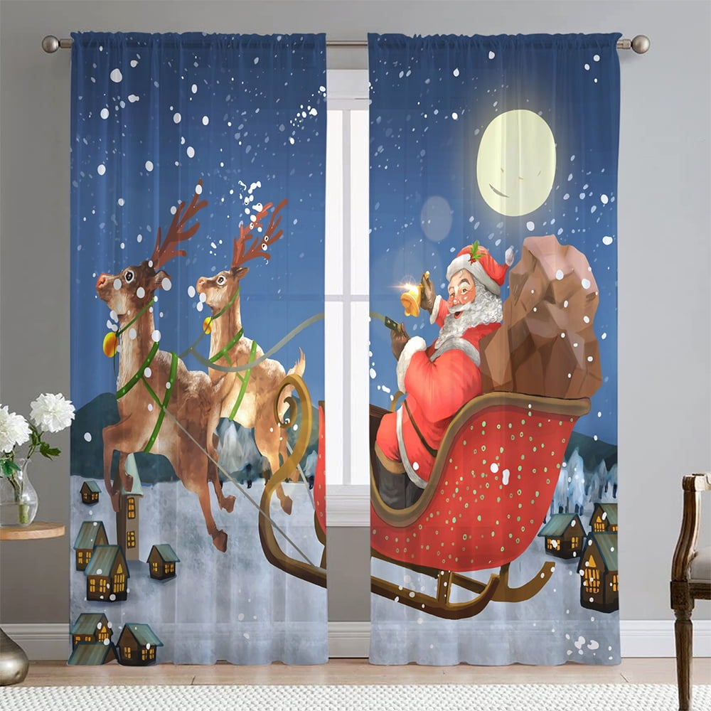 CUH Santa Claus Sheer Window Curtain Xmas Voile Window Drape Christmas ...
