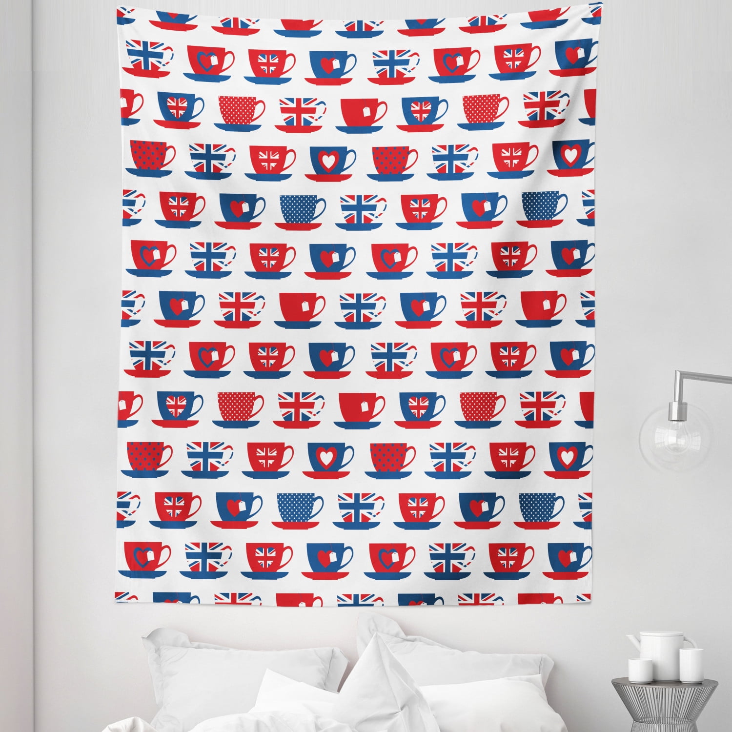 Tea Party Tapestry, Britain Themed Teacup Forms Patterned Union Jack ...