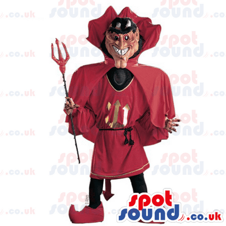 Red Devil Character Dressed In Red Garments And Has A Pitch Fork ...