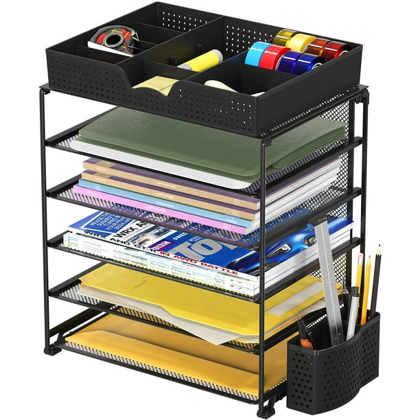 SimpleHouseware 5-Tier Document Tray w/Drawer and Pen Holder, Black ...