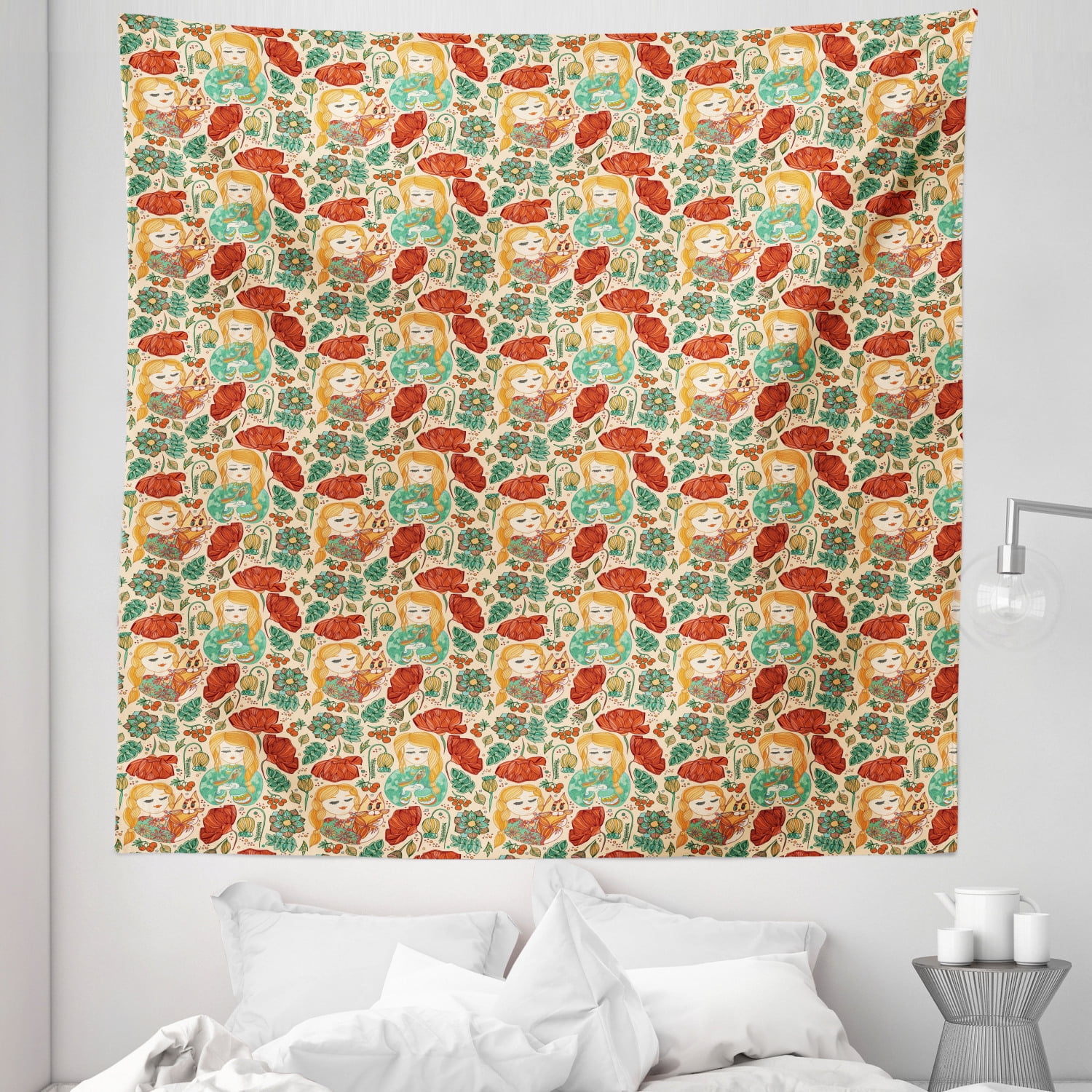 Floral Tapestry, Pattern with Young Girls with Cats and Birds Poppies ...