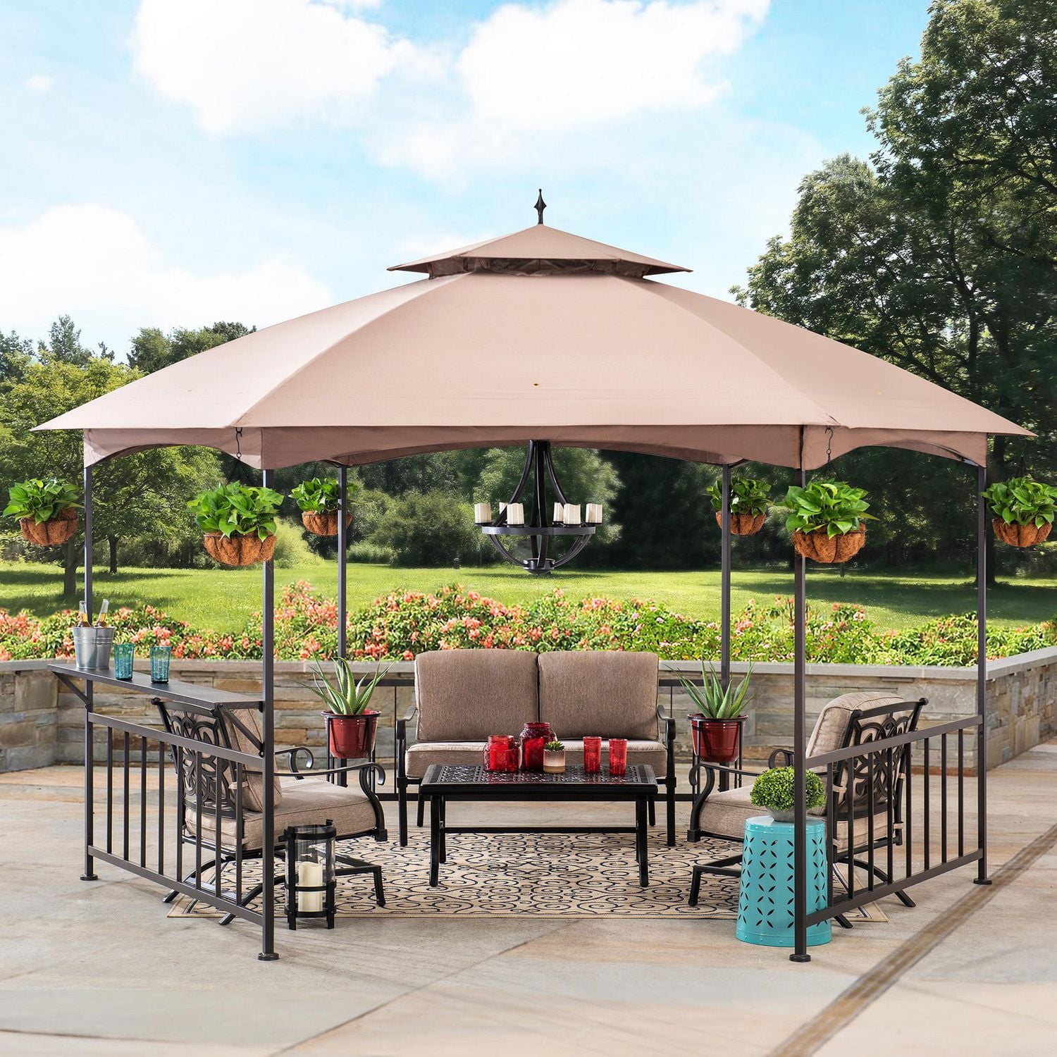 Sunjoy Frankie 11 ft. x 13 ft. Brown Steel Framed Hexagon Gazebo with 2 ...