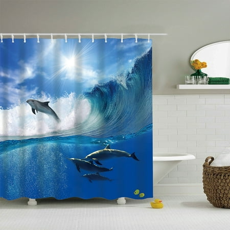 Dolphin Fabric Shower Curtain with 12 Hooks Sea Wave Spindrift ...