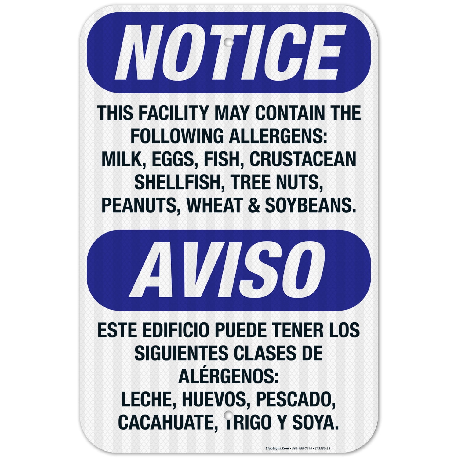 Food Allergy Notice Milk, Eggs, Fish, Crustacean, Nuts, Bilingual Sign ...