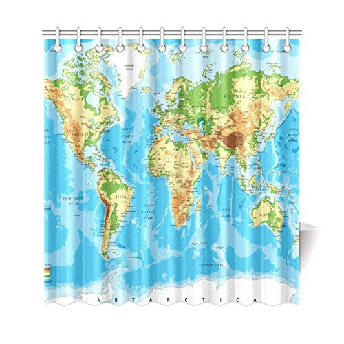 BSDHOME World Globe Art Shower Curtain, World Map Polyester Fabric ...