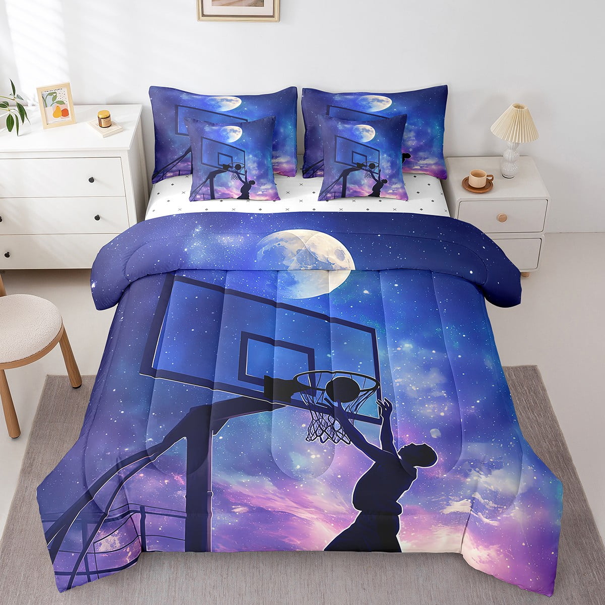 YST Basketball Hoop 7-Piece Comforter Set, Universe Moon Galaxy, Full ...