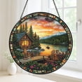 Cozy Lake Cabin Sunset Stained Glass Suncatcher Round Window Hanging ...