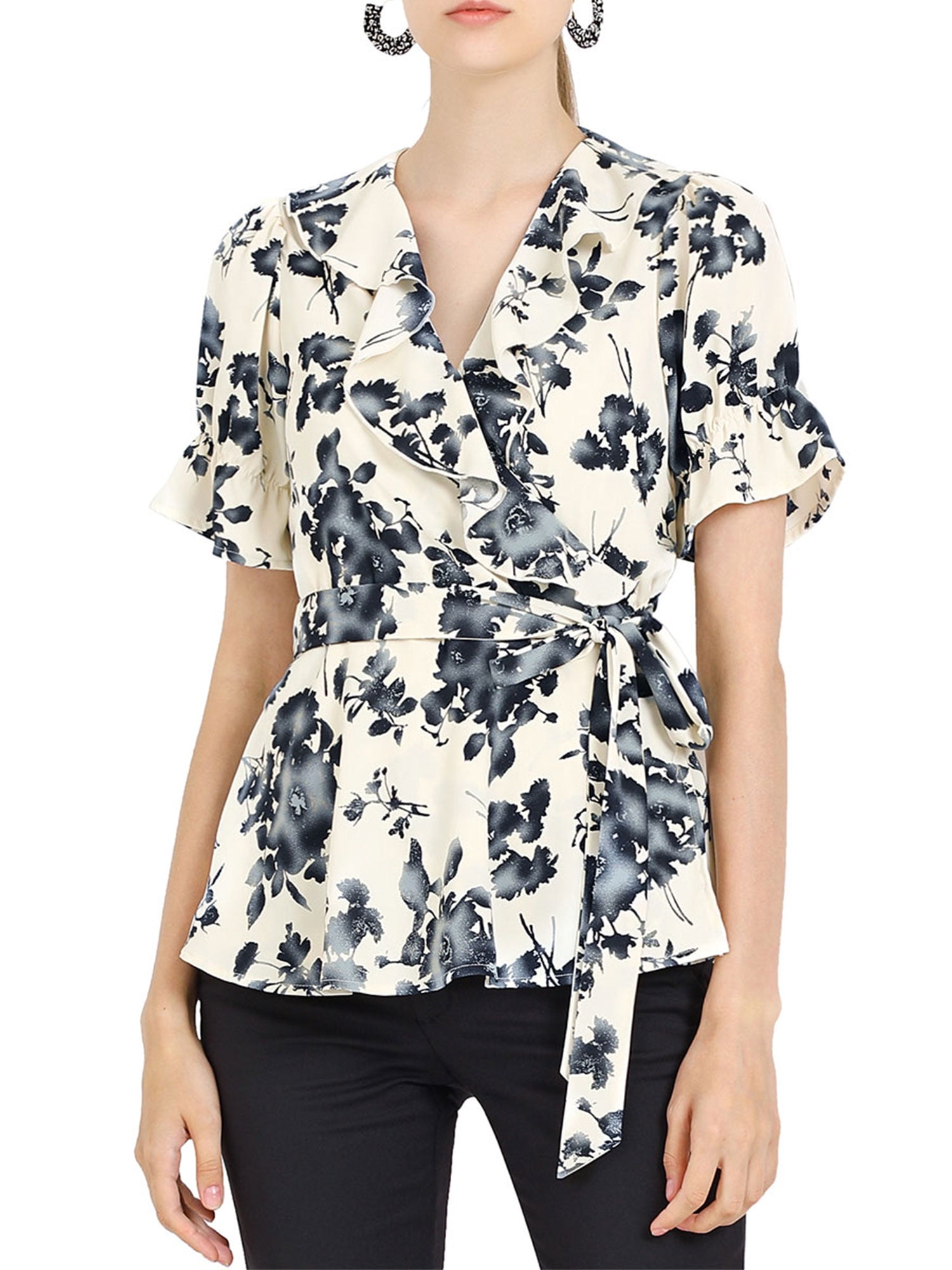 Allegra K Allegra K Womens Floral Short Sleeves V Neck Ruffle Peplum