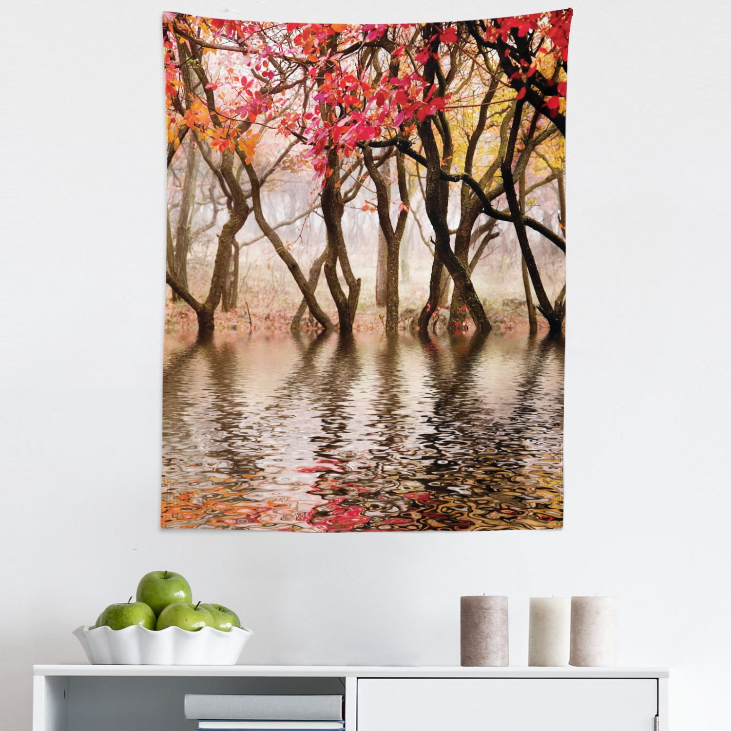 Autumn Tapestry, Fall Season River with Trees Colorful Pinkish Foliage ...