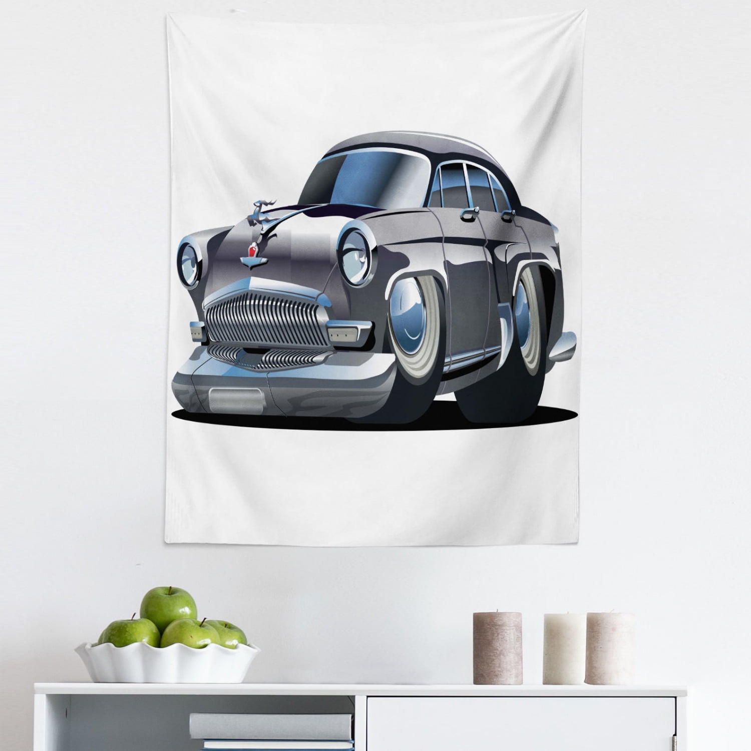 Cars Tapestry, Retro Inspired Car Design with Asymmetric Tires Fast Car ...