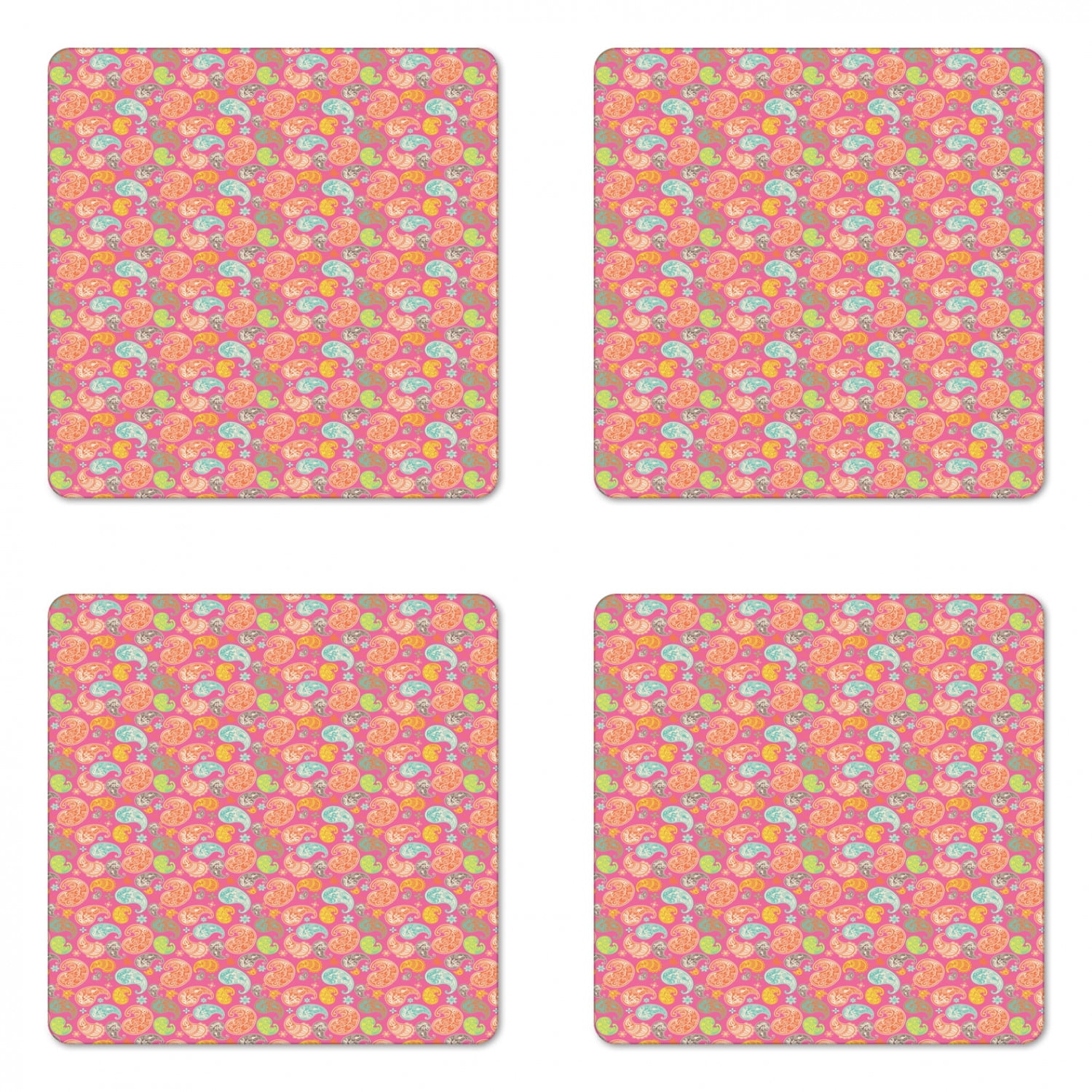 Paisley Coaster Set of 4, Repetitive Eastern Floral Motif Colorful ...