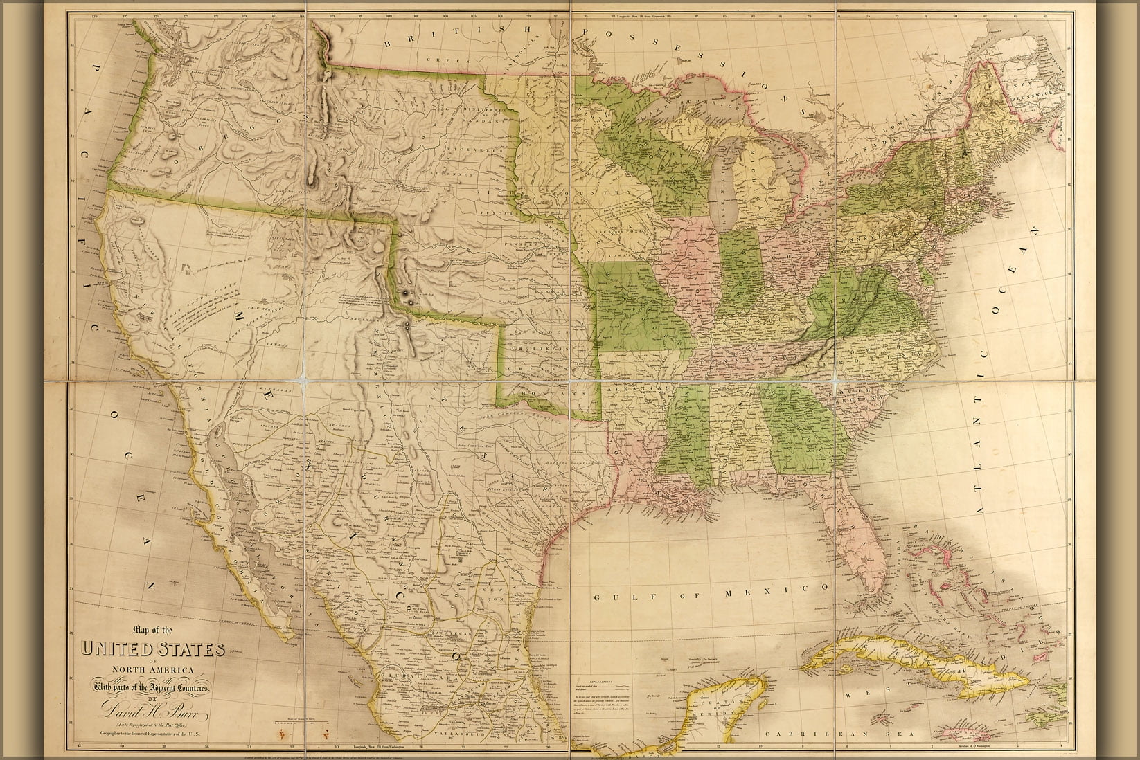 24"x36" Gallery Poster, map of the united states of america 1839 ...