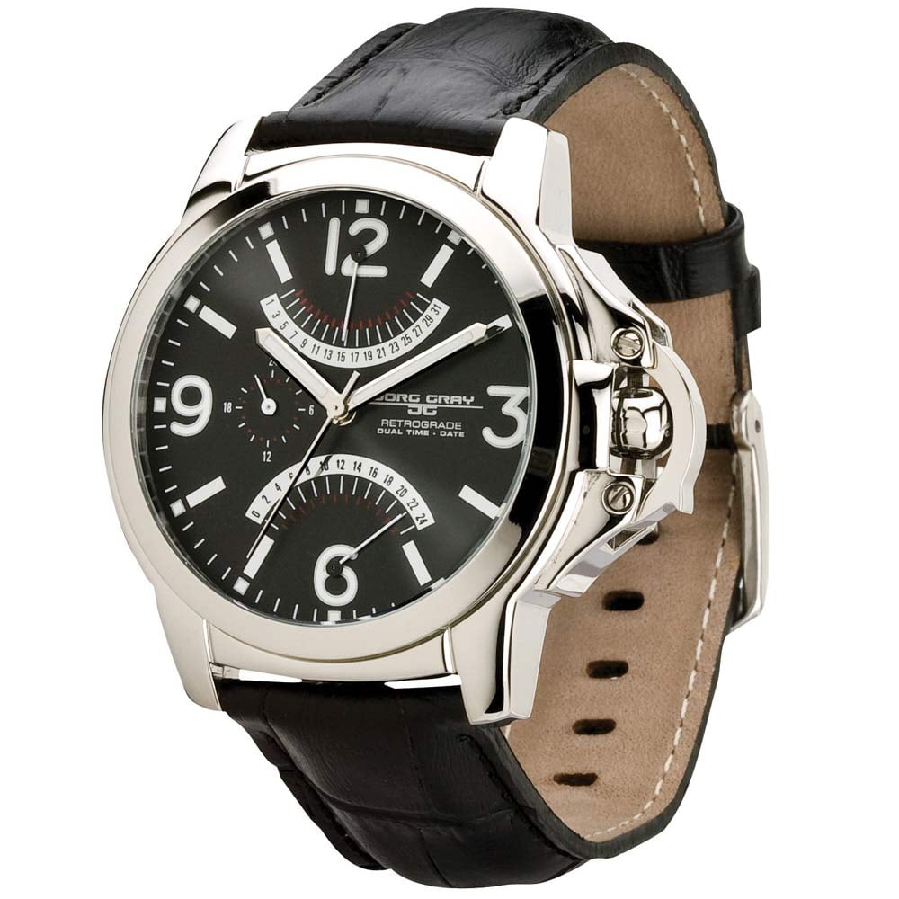JG1850-14 Men's Quartz Black Dial Retrograde Date Dual Time Watch ...