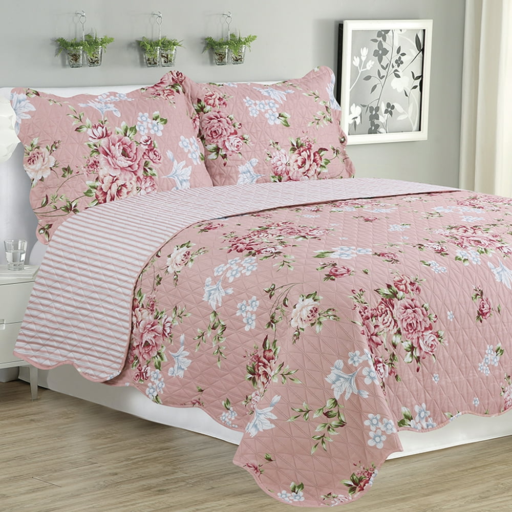 Melissa - 3 Piece Quilt bedspread Set queen & king size - Warm Pink ...