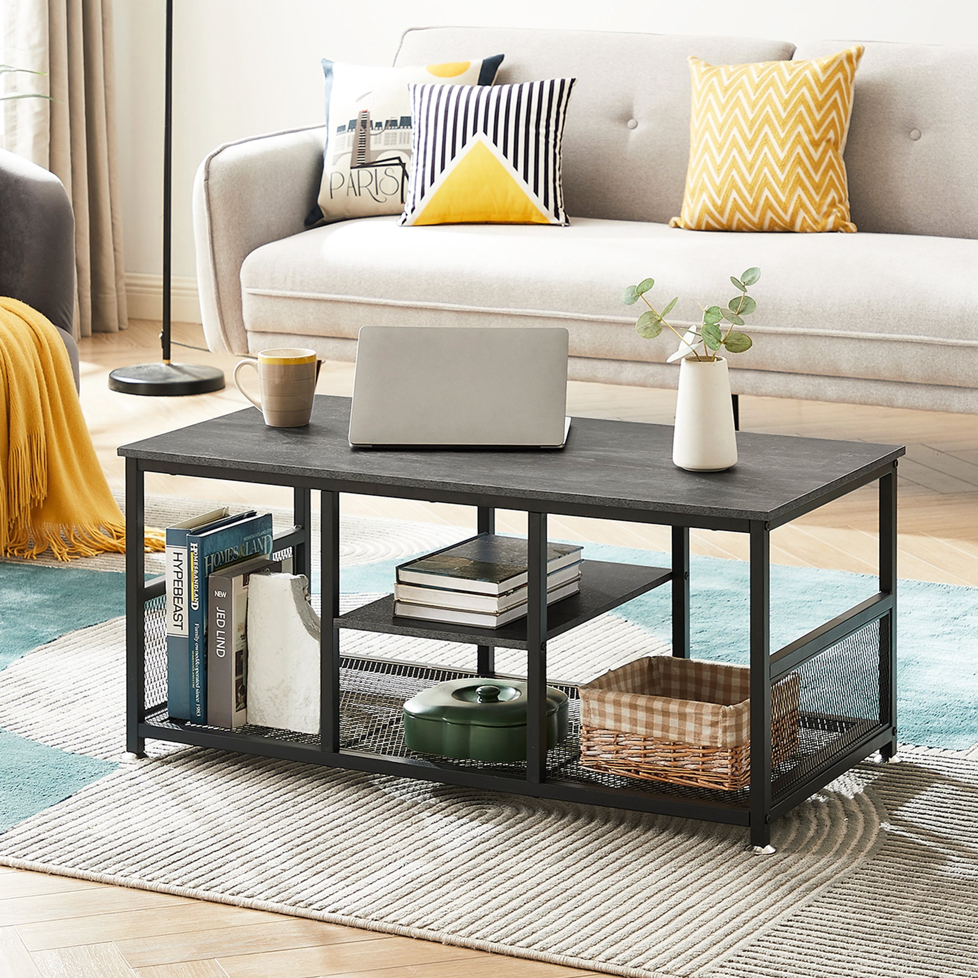 VECELO 39.4" Rectangle Coffee Table with Storage Shelf, Industrial ...