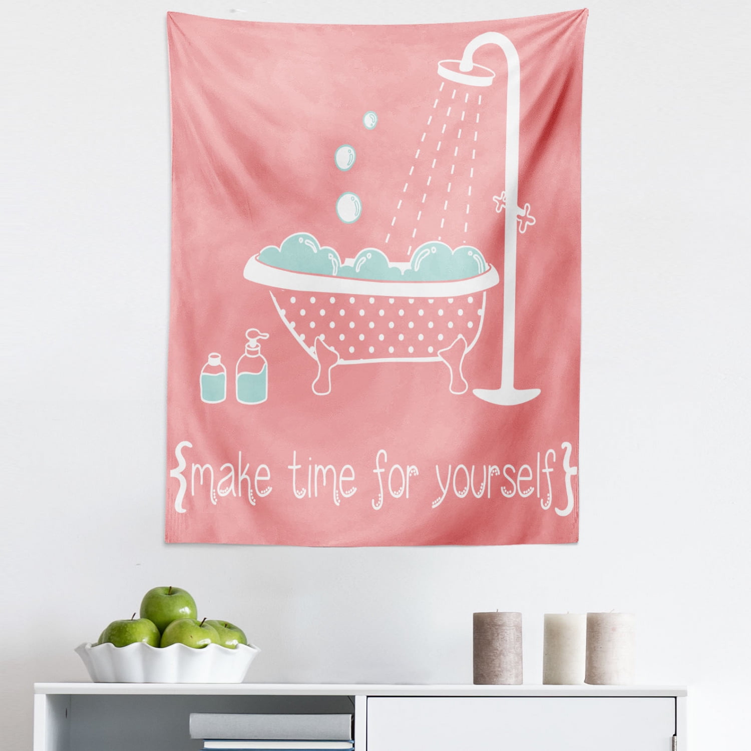 Coral Tapestry, Clawfoot Tub with Inspirational Make Time for Yourself ...