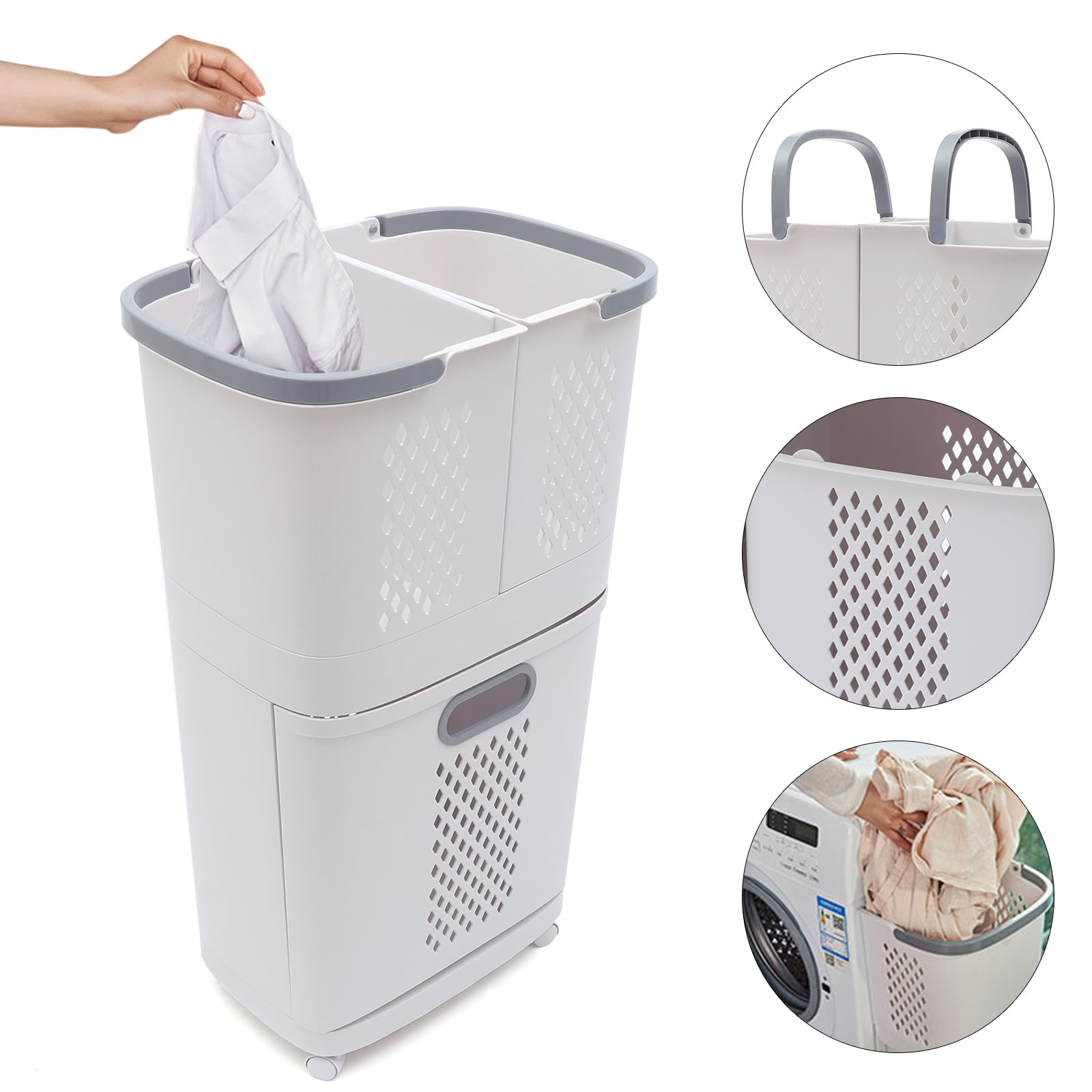 Laundry Basket with Wheels Movable Household Laundry Hamper 3-Tier Plastic Sorter Baskets ...