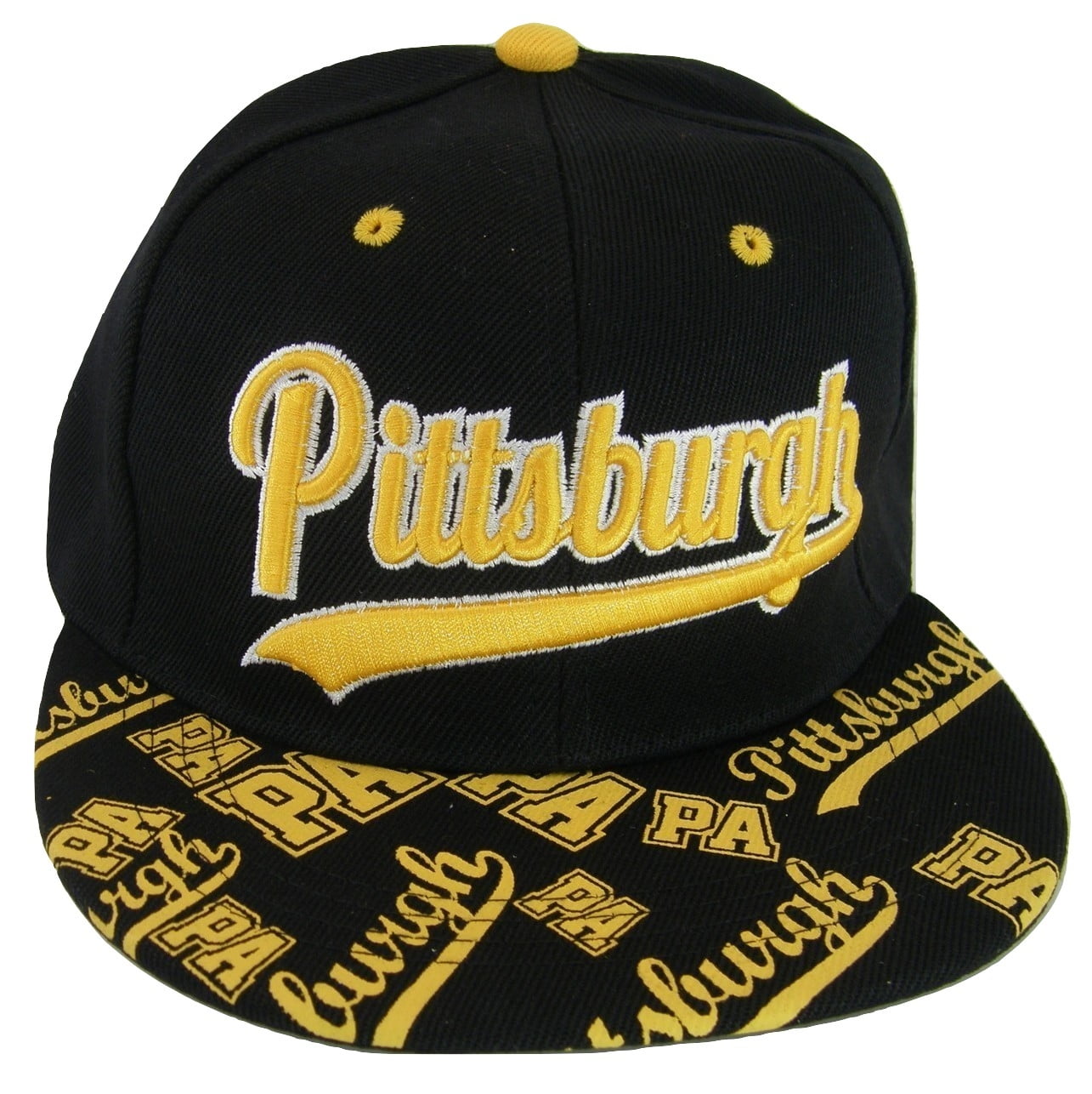 Pittsburgh Script Print on Bill Adjustable Snapback Baseball Cap (Black ...