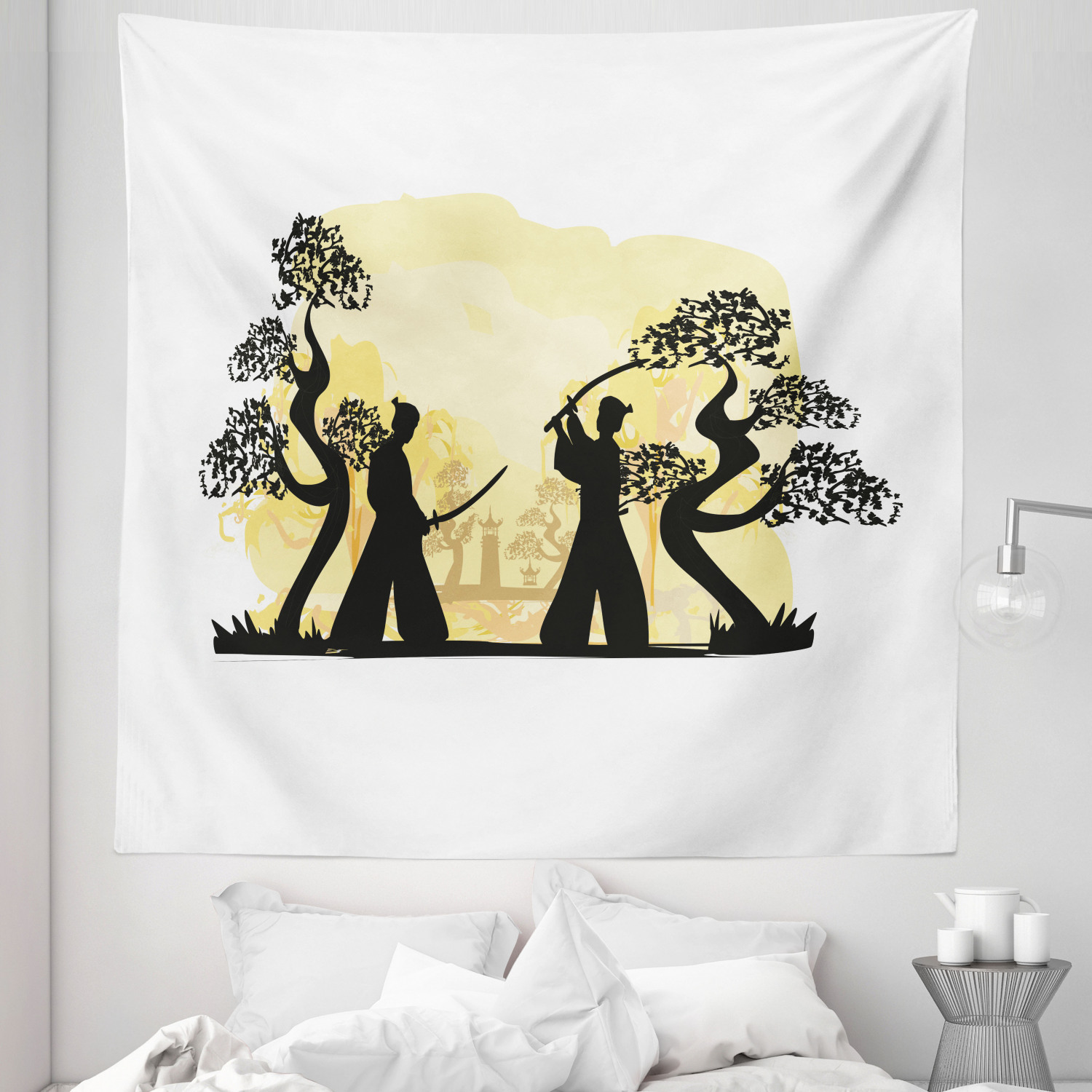 Samurai Tapestry, Japanese Culture Silhouettes Oriental Illustration ...