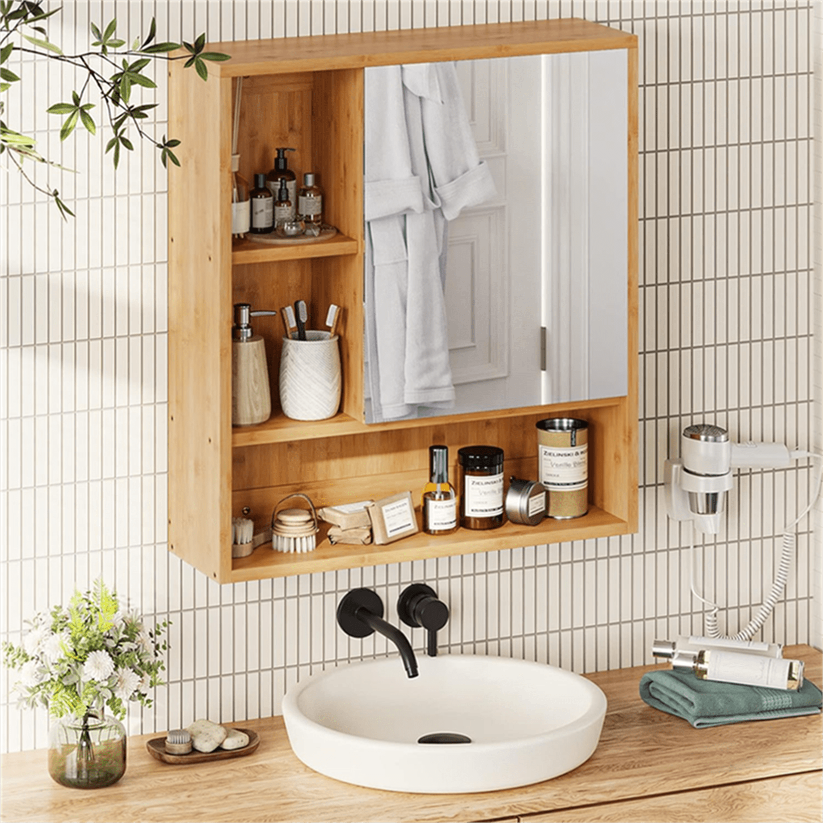 LUVODI Bathroom Mirror Cabinet Medicine Cabinet Wall Mounted Cupboard 1 Door Right Open Bamboo Frame Walmart