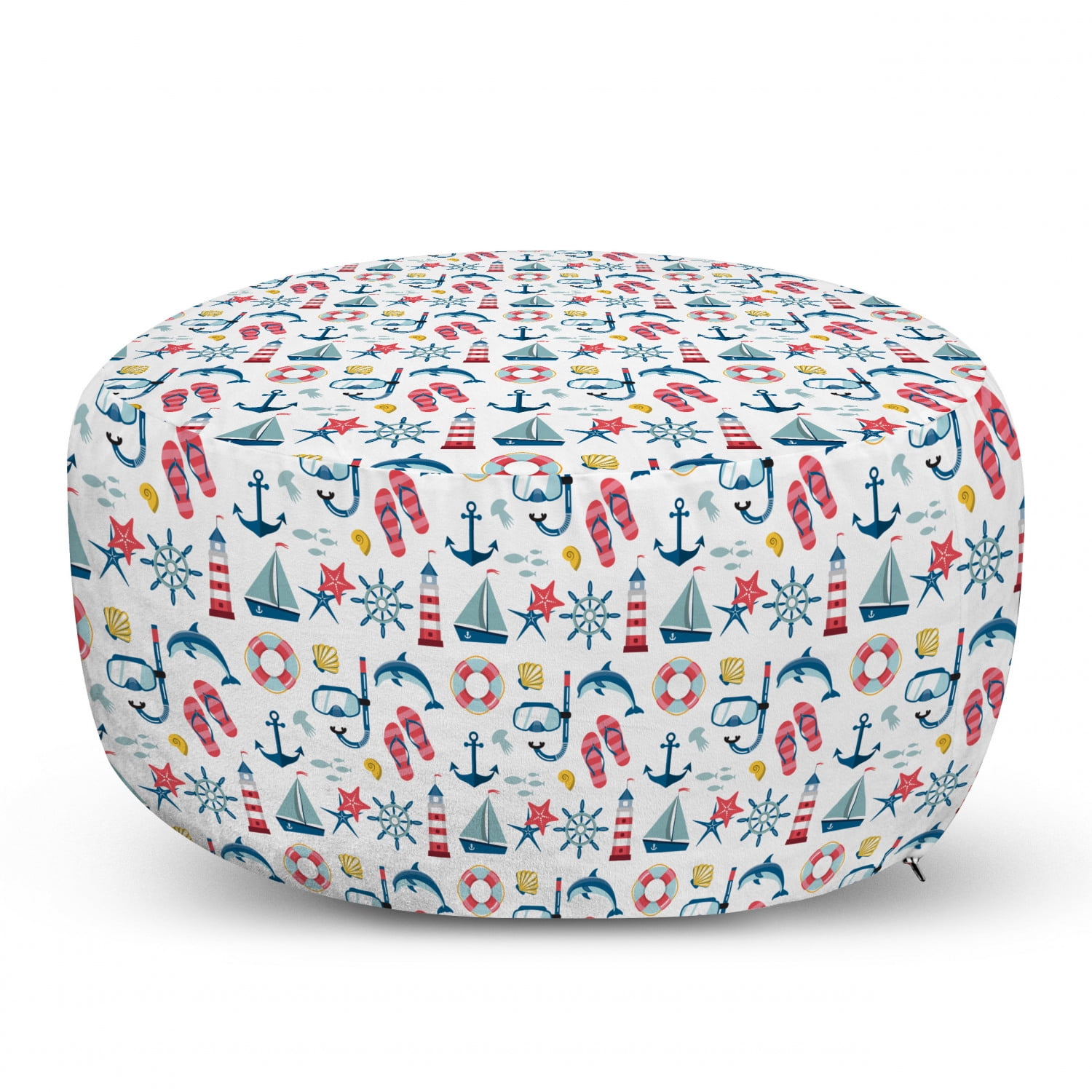 Nautical Pouf Cover with Zipper, Repetitive Marine Themed Items Anchor ...