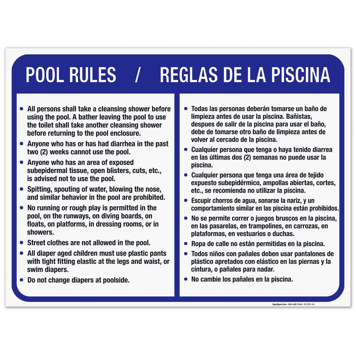 Pool Rules Bilingual Sign, Spanish English , - Walmart.com