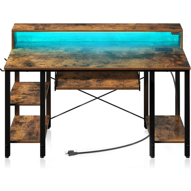 Computer Desk 47 inch with LED Lights & Power Outlets, Desk with ...