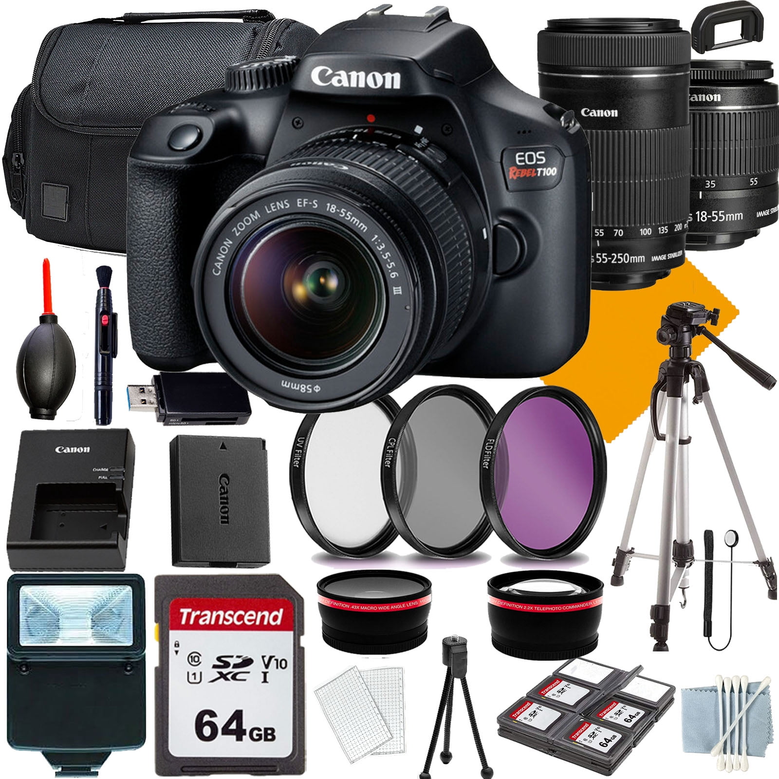 Canon EOS Rebel T100 Camera with 18-55mm+Canon EF-S 55-250mm f/4-5.6 IS ...