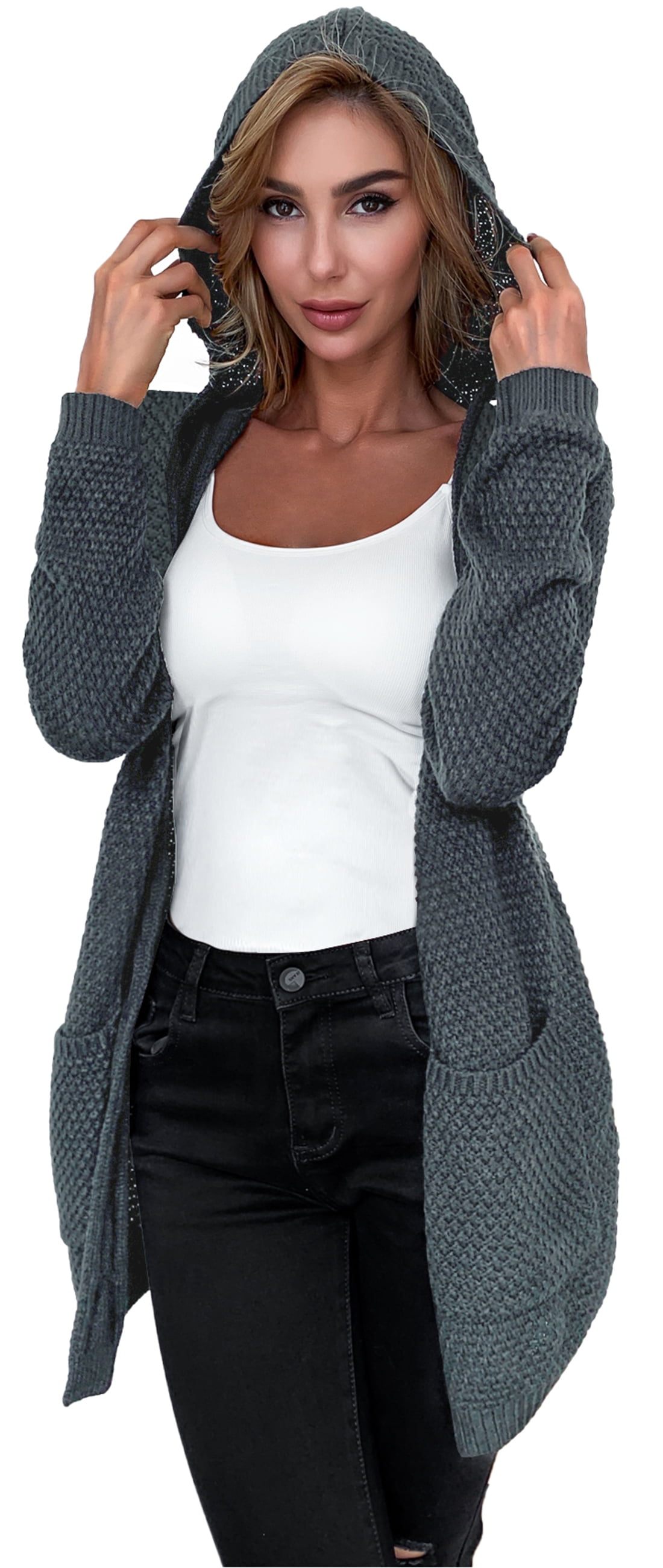 Othyroce Woman Open Front Cardigan Hooded Pocket Female Sweater S-XL ...