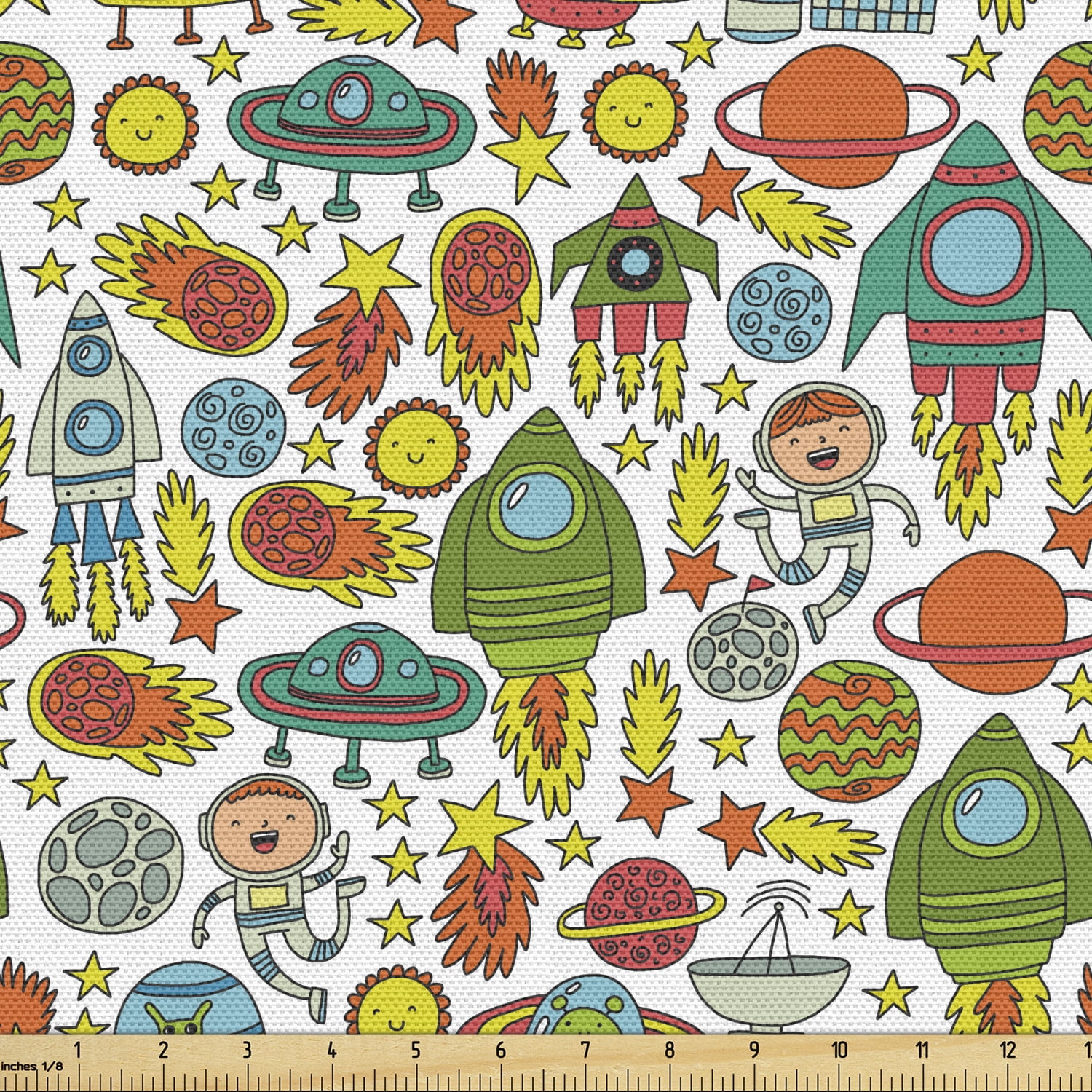 Outer Space Fabric by the Yard, Cartoon Style Pattern of Rockets ...