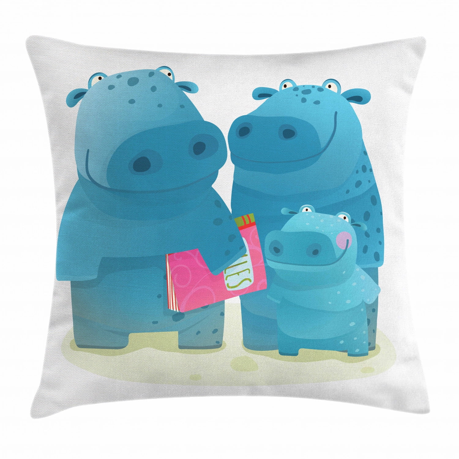 Hippo Throw Pillow Cushion Cover, Graphic Happy Hippo Family with ...