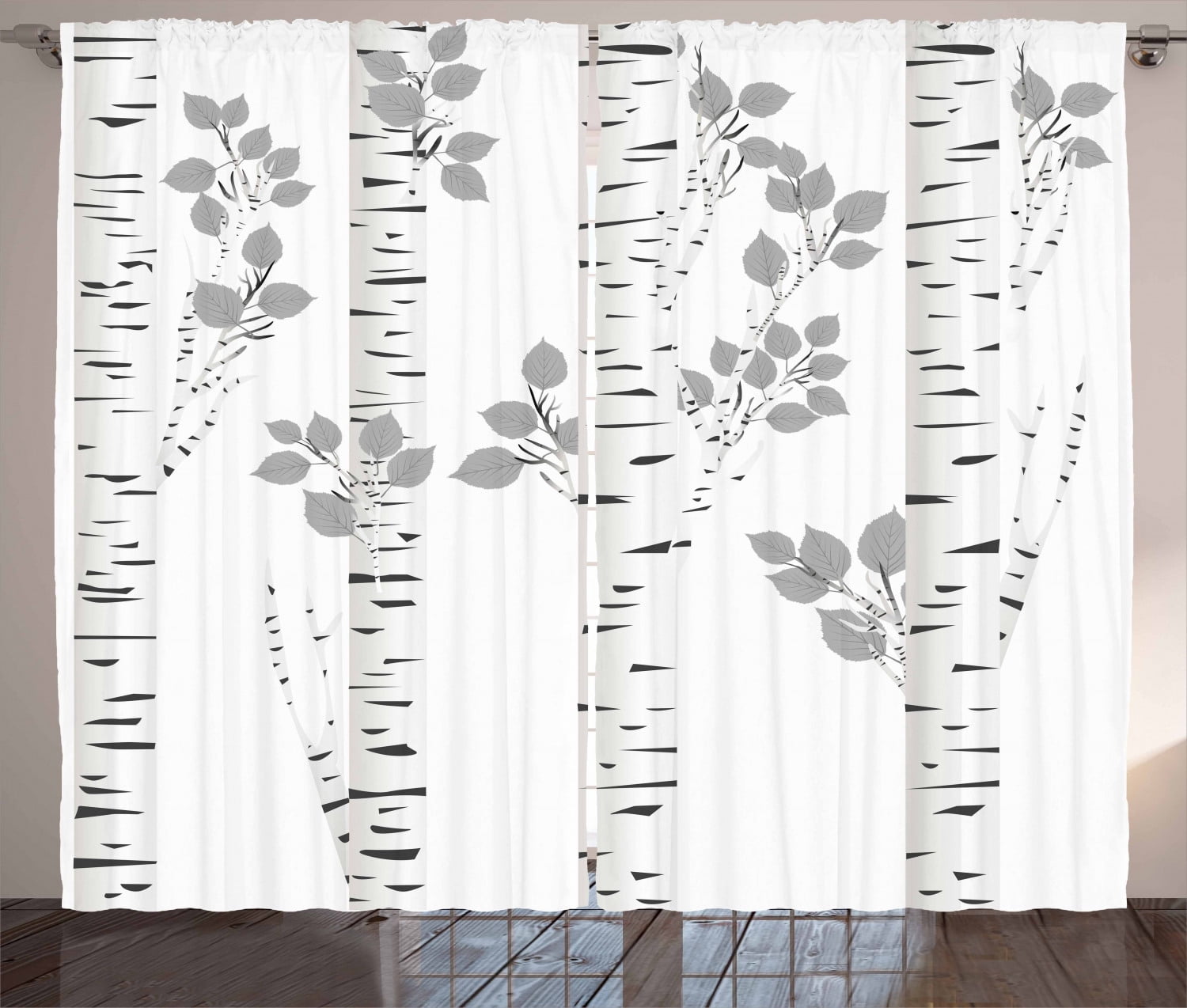 Birch Tree Curtains 2 Panels Set, Artistic White Branches with Leaves ...