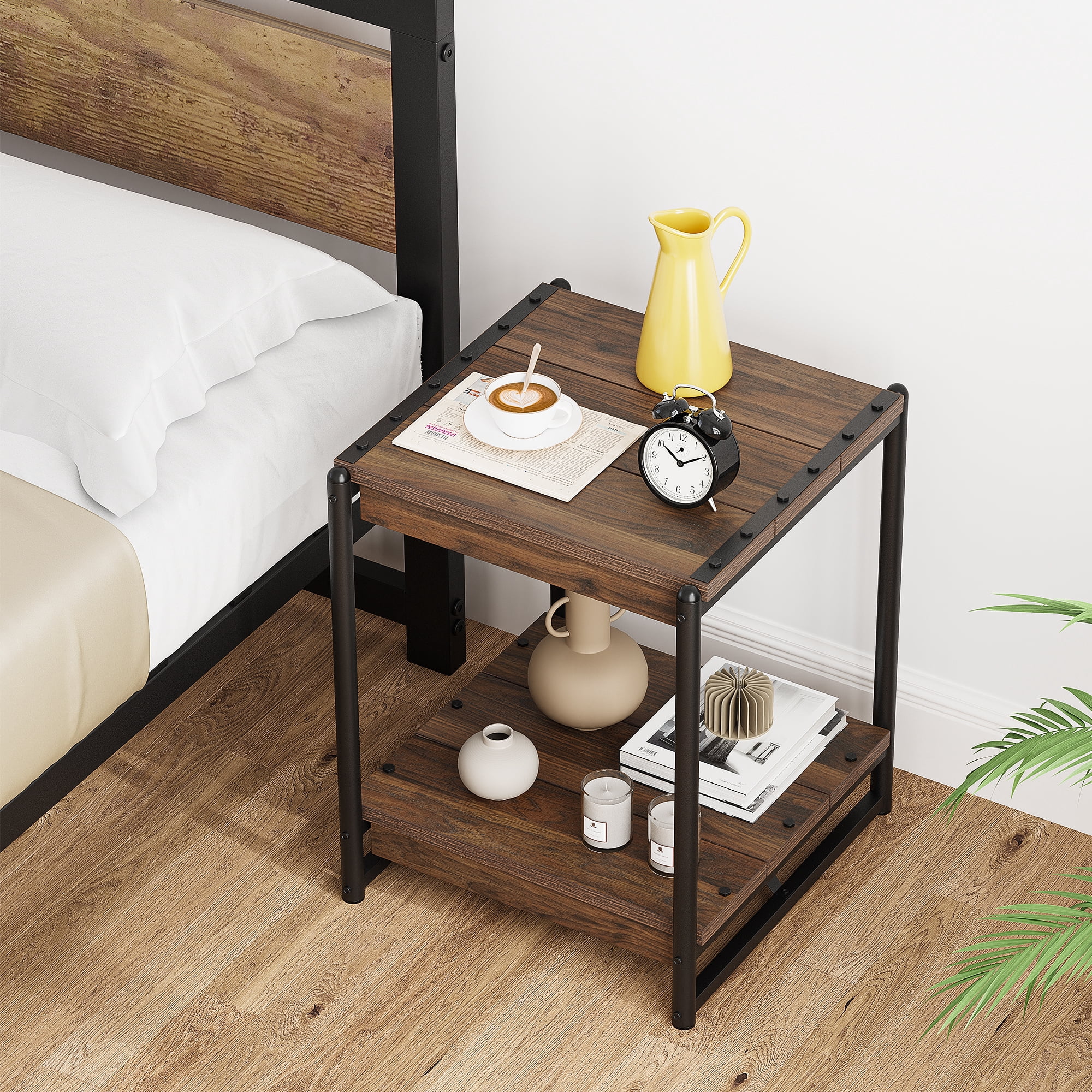Farmhouse End Table, Industrial Sofa Side Table with 2-Tier Storage ...