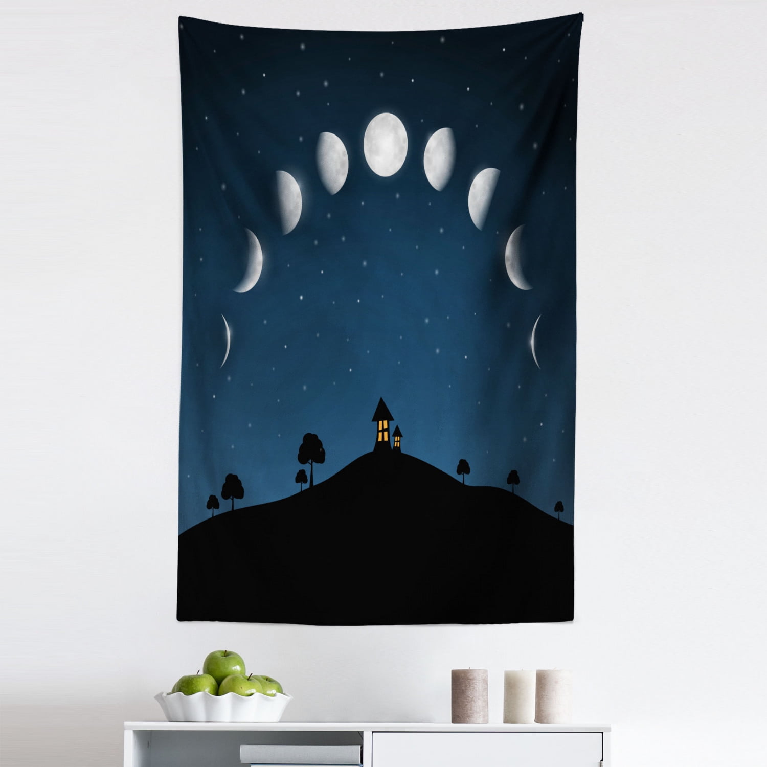 Moon Tapestry, Lunar Phases and Stars Little Houses Hills Silhouette ...