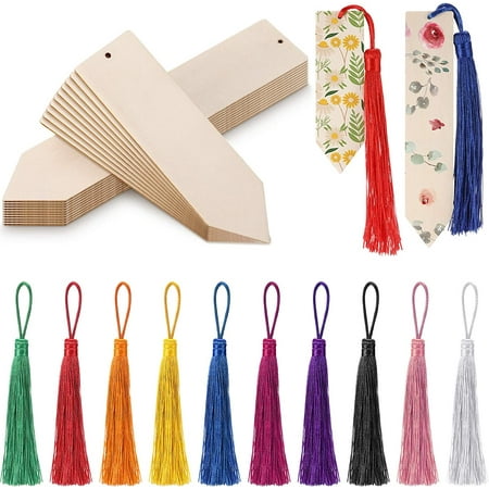 40 Pieces Blank Wood Bookmarks with Colorful Tassels Unfinished Wooden ...