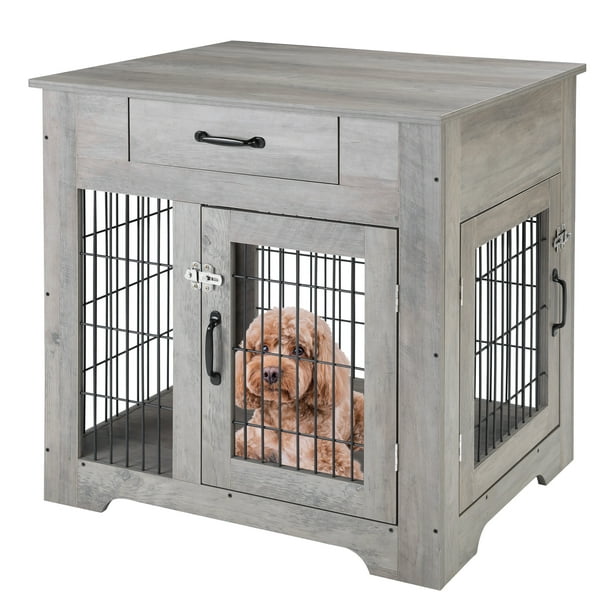 Dog Crate, Wood Dog House End Table with Drawer, Wooden Pet Crate Side ...