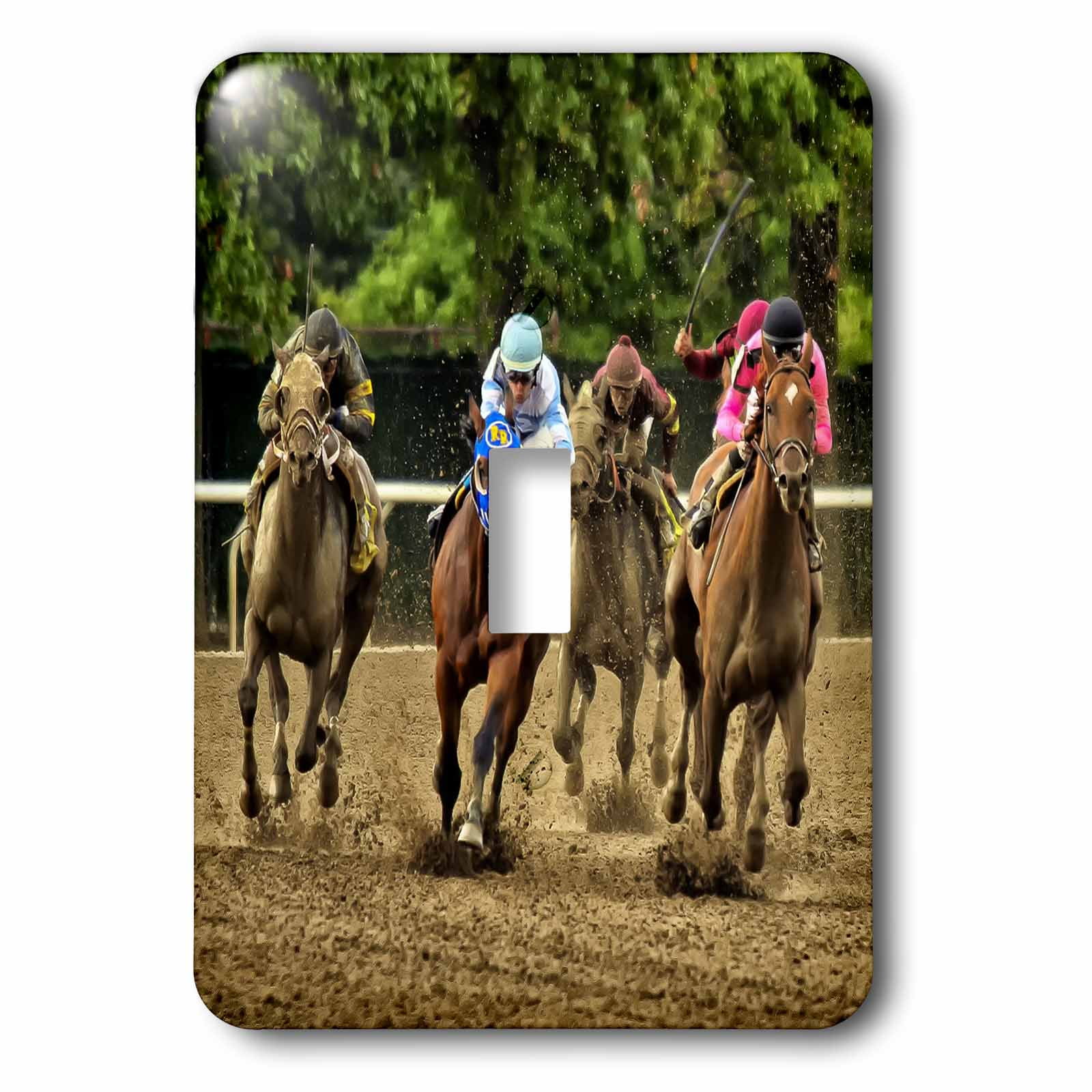Horses and jockeys racing to finish line, mud flying single toggle ...