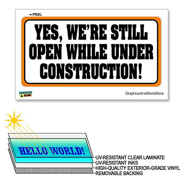 Open Under Construction - 12 in x 6 in - Laminated Sign Window Business ...