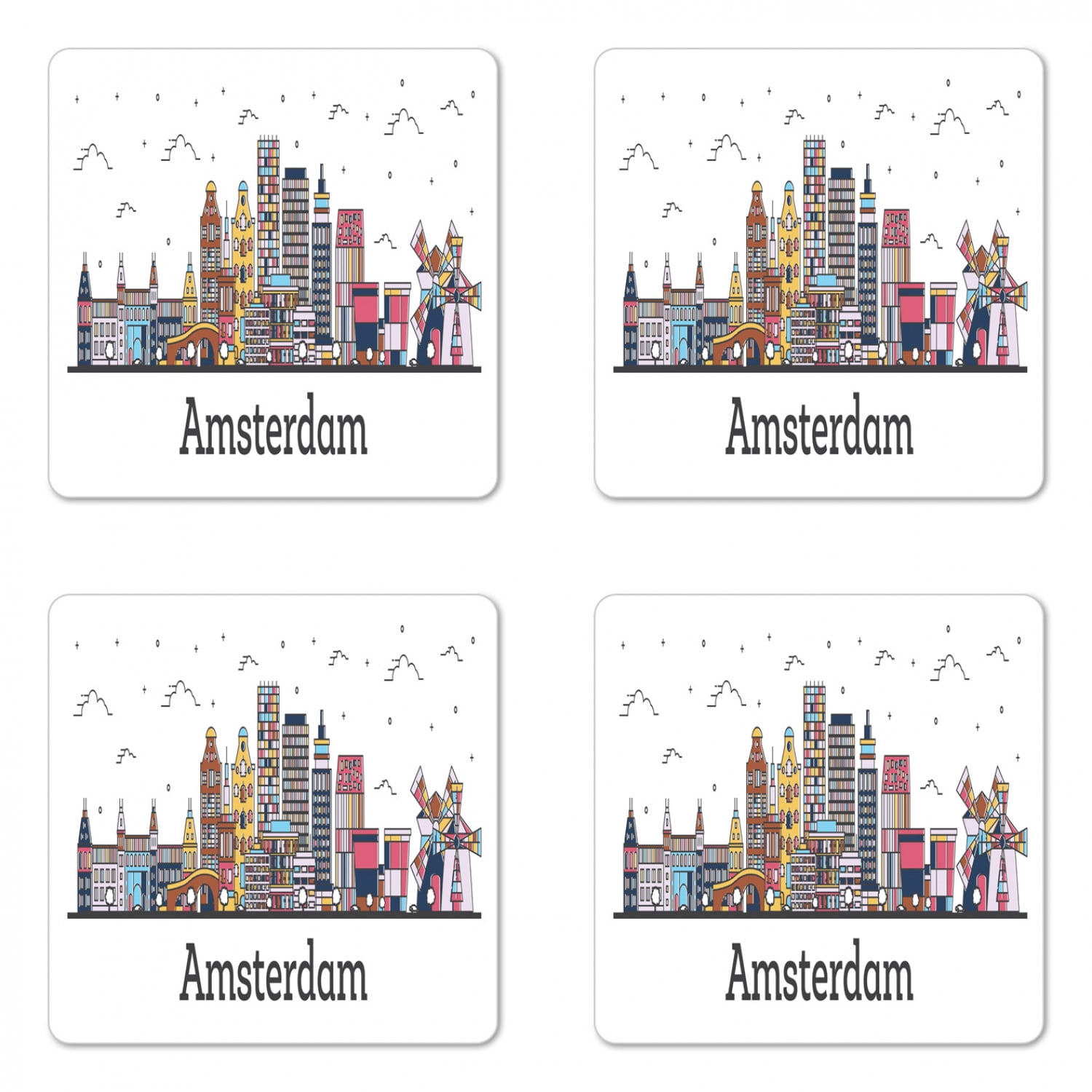 Amsterdam Coaster Set of 4, Buildings in a Panoramic View Netherlands ...