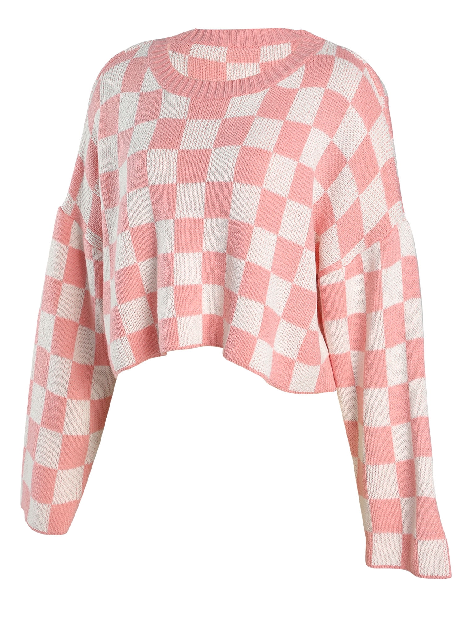 Qiylii Women’s Plaid Sweater Exposed Navel Long Sleeve Loose Knit Tops ...