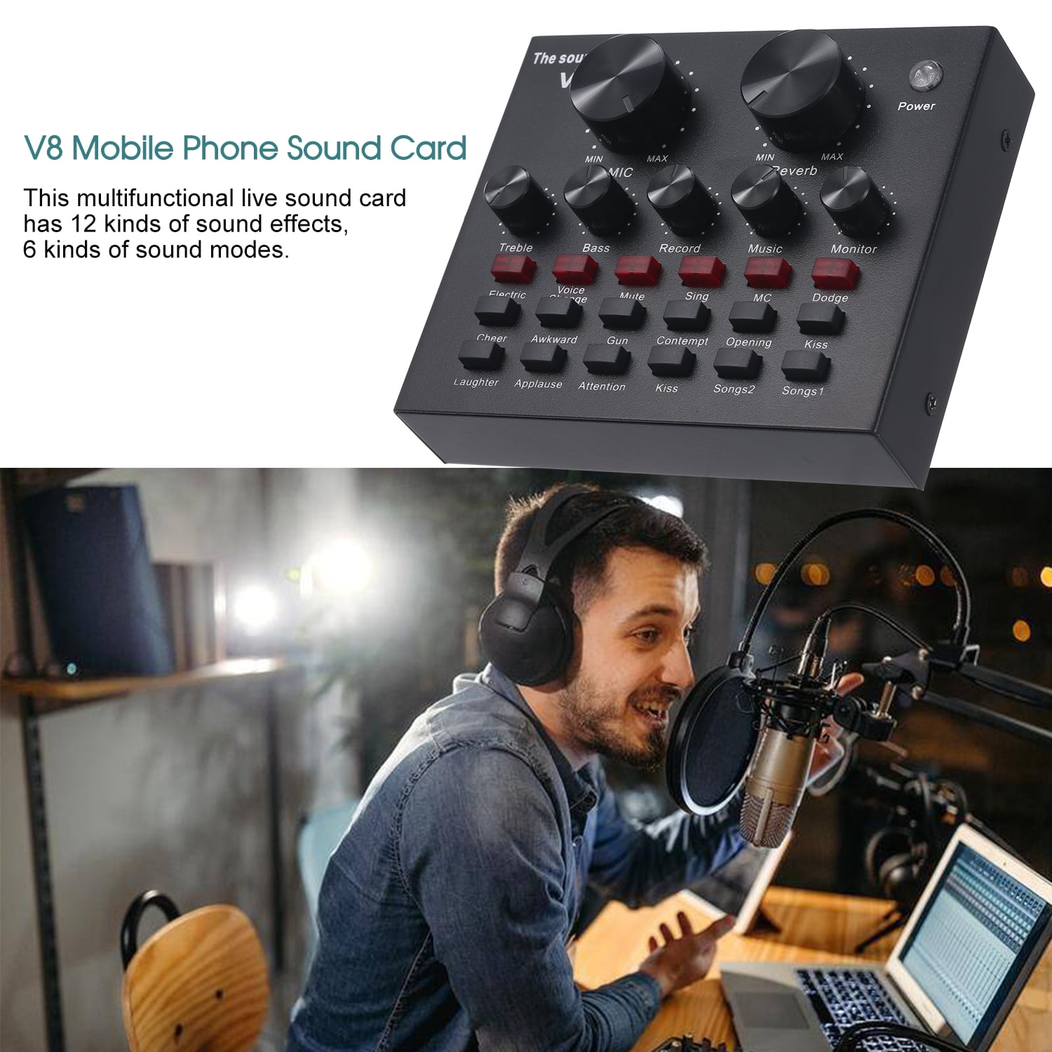 V8 Mobile Phone Sound Card Microphone Live USB External Sound Card DSP ...