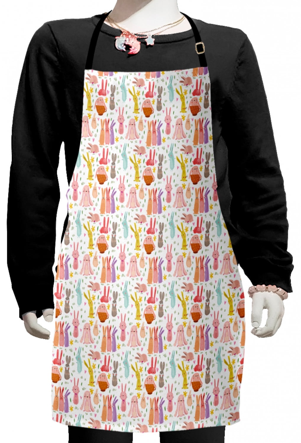 Bunny Kids Apron, Funny Nursery Animals with Flowers Colorful Rabbits ...