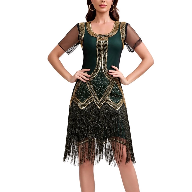 Kilaqueen Womens Vintage Inspired Fringe Dress with Sheer Short Sleeves ...