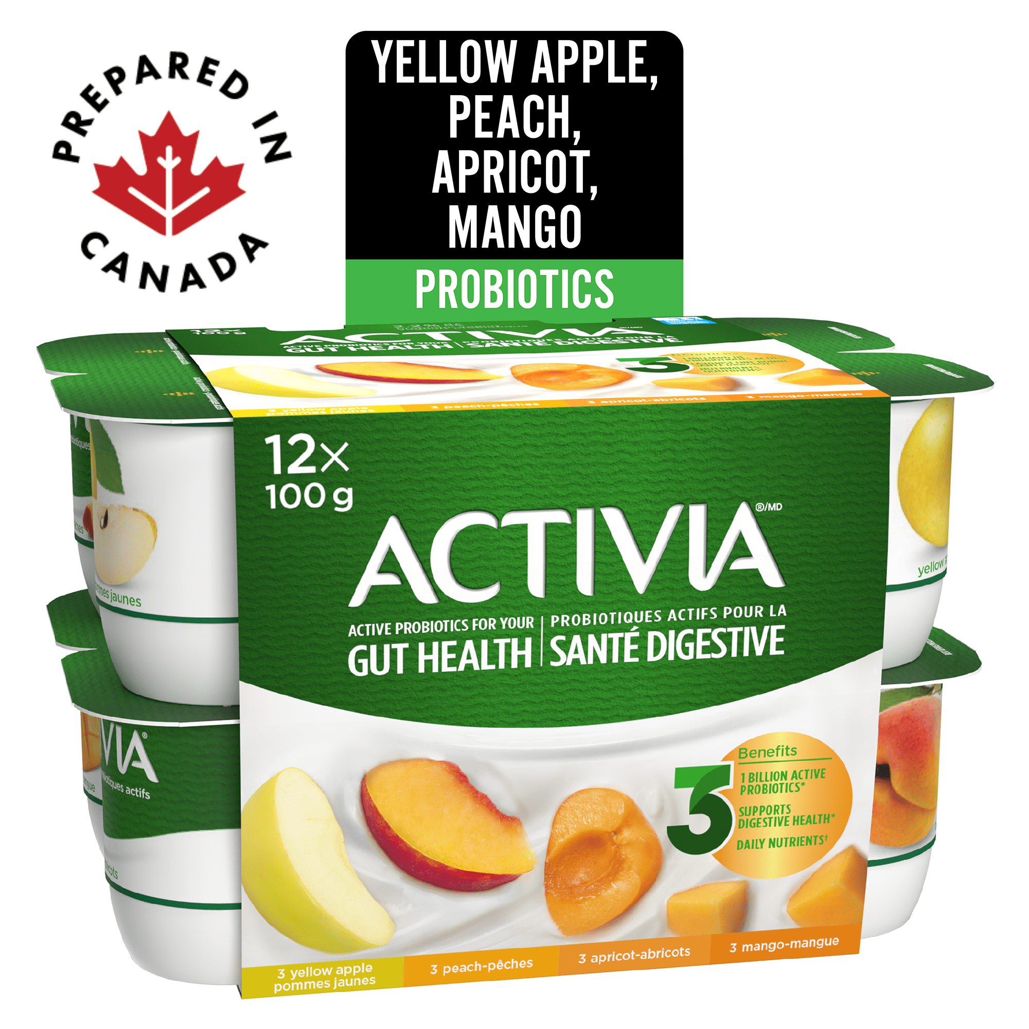 Activia Probiotic Yogurt, Yellow Apple/Apricot/Mango/Peach, 12 x 100 g ...