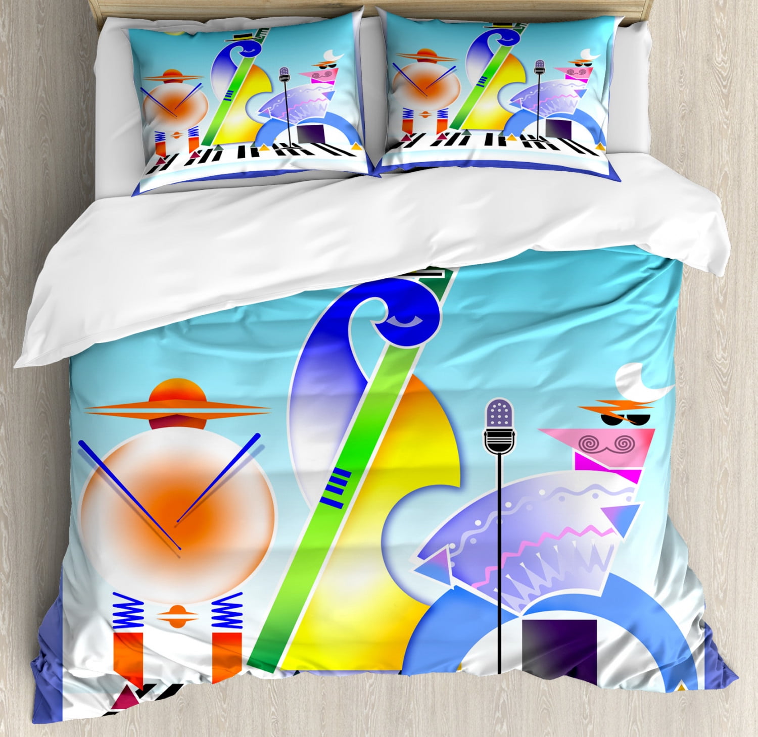 Music Duvet Cover Set King Size, Abstract Band of Geometric Shapes ...