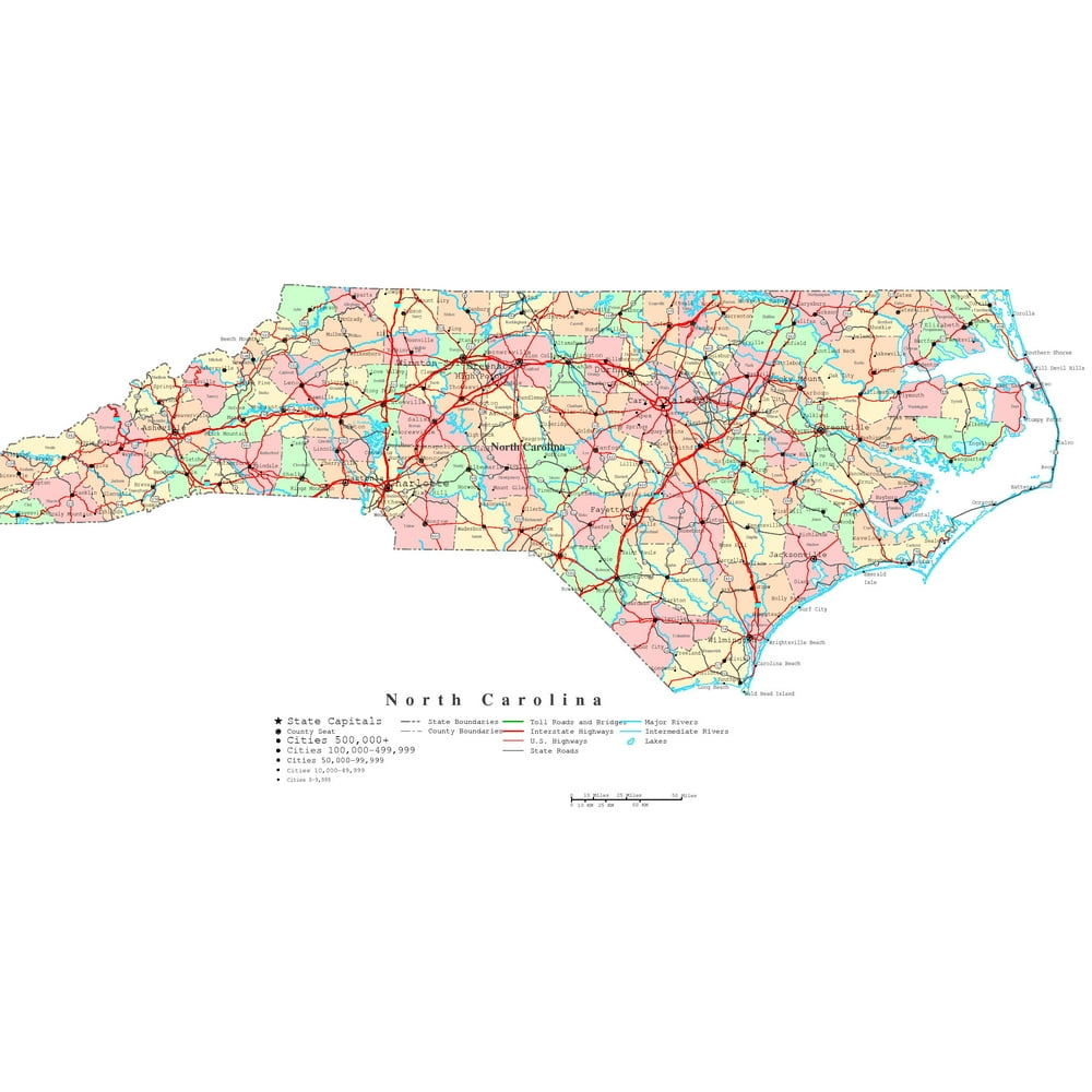 Laminated Map - Printable political Map of North Carolina Poster 20 x ...