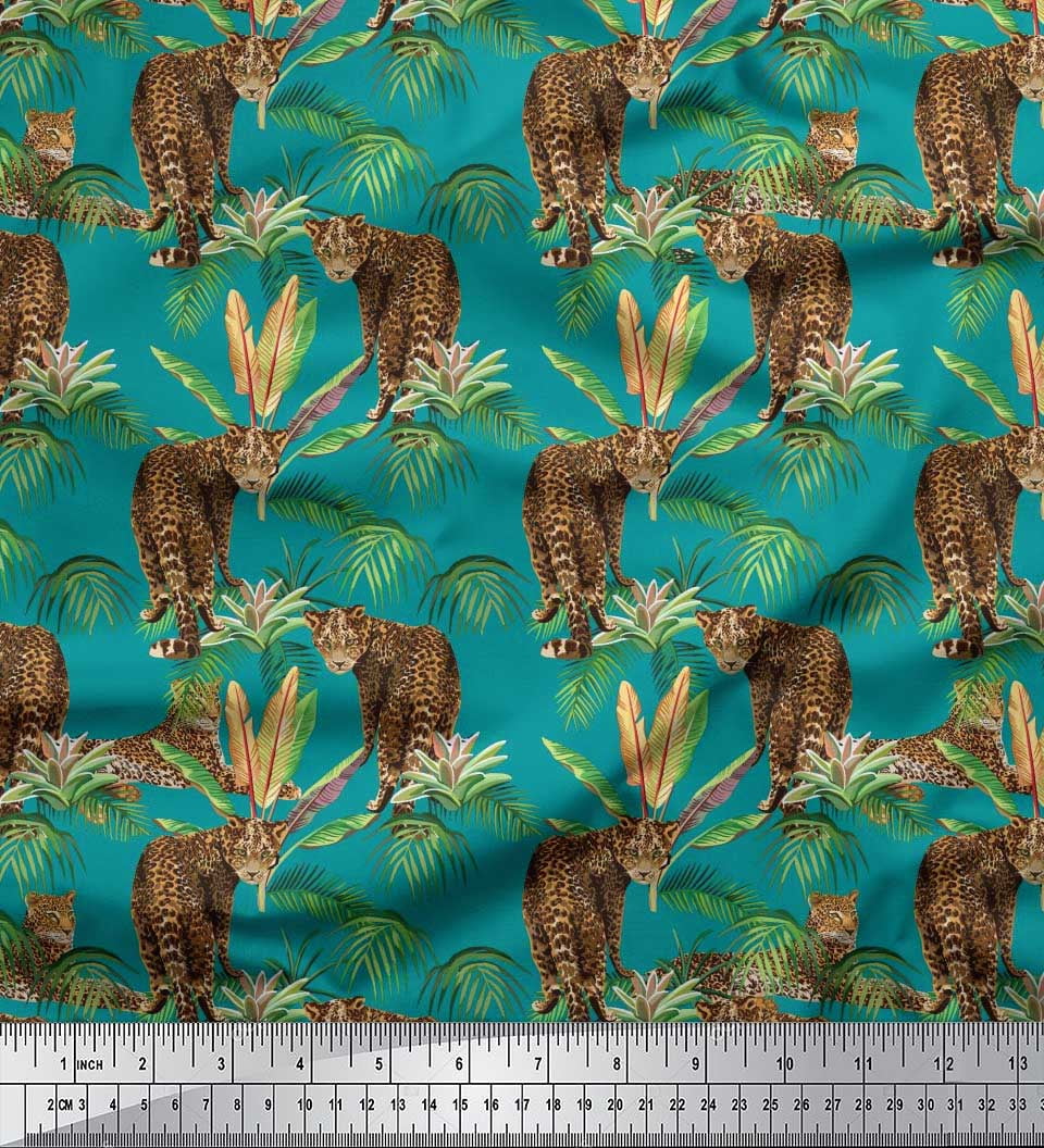 Soimoi Satin Silk Fabric Leaves & Leopard Jungle Print Fabric by Yard ...