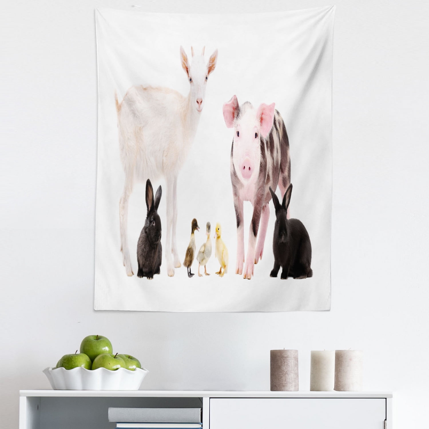 Farm Animal Tapestry, Studio Shot of Domestic Creatures Ducks Pig Goat ...